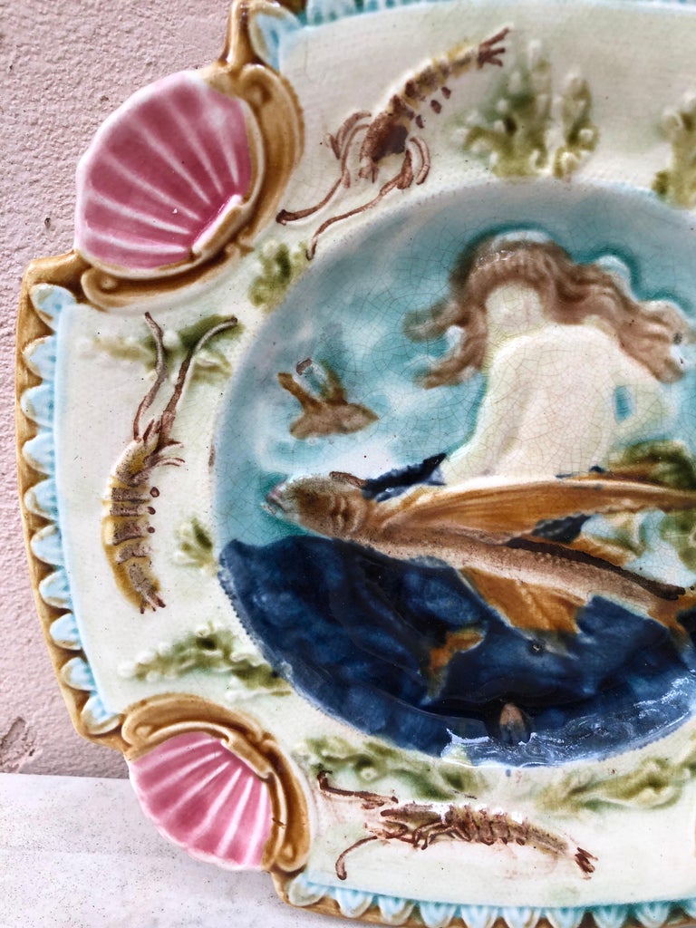 19th Century Square Majolica Mermaid Wall Plate at 1stDibs