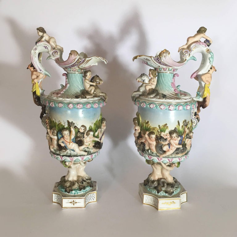 Pair of Late 19th Century Meissen Porcelain Ewers with Maritime Scene ...