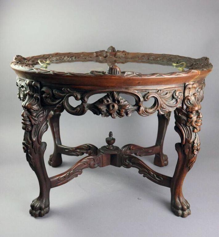 Antique Carved and Inlaid Figural Tea Table with Lion, Cherubs, Paw ...