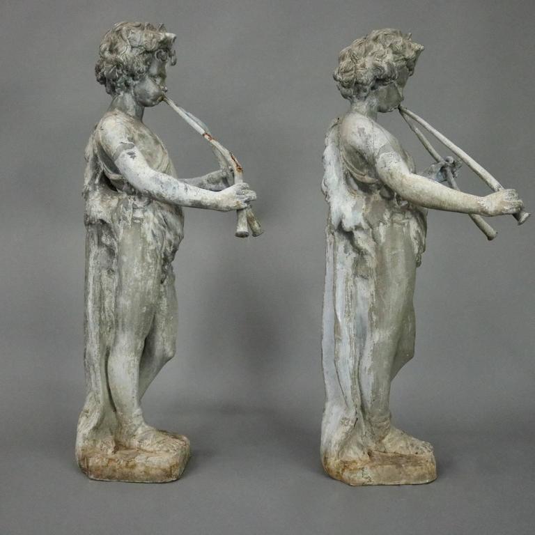 Pair of Antique French Lead Garden Fountain Figures of Classical Pan ...