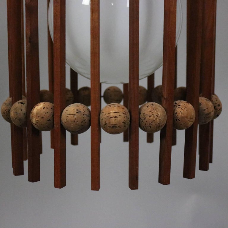 Mid-Century Modern Teak and Cork Ball and Slat Cylinder Pendant Light ...
