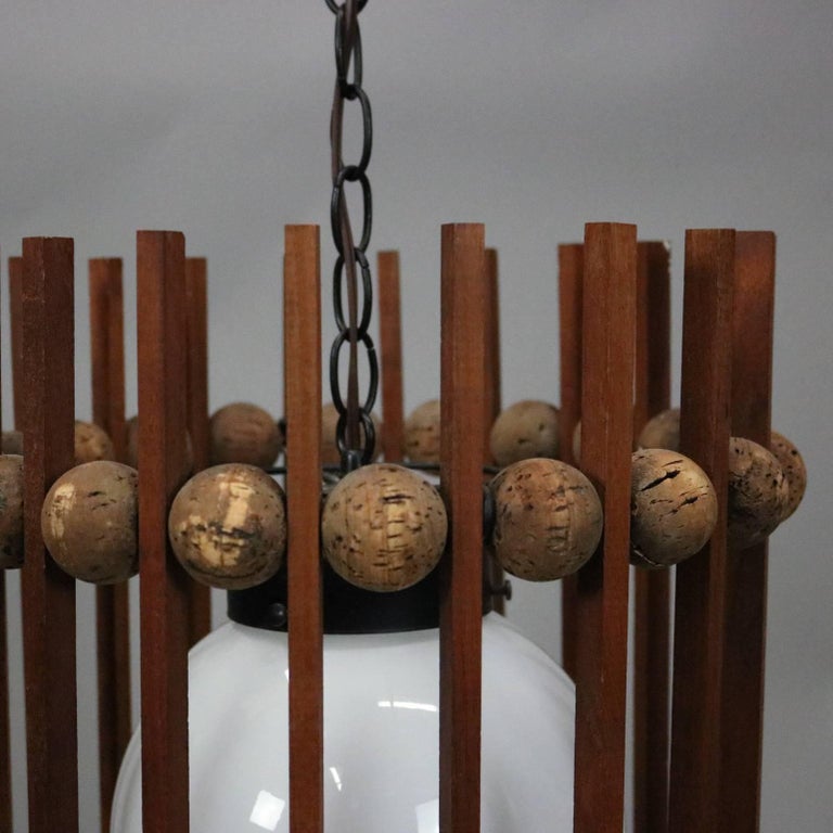 Mid-Century Modern Teak and Cork Ball and Slat Cylinder Pendant Light ...