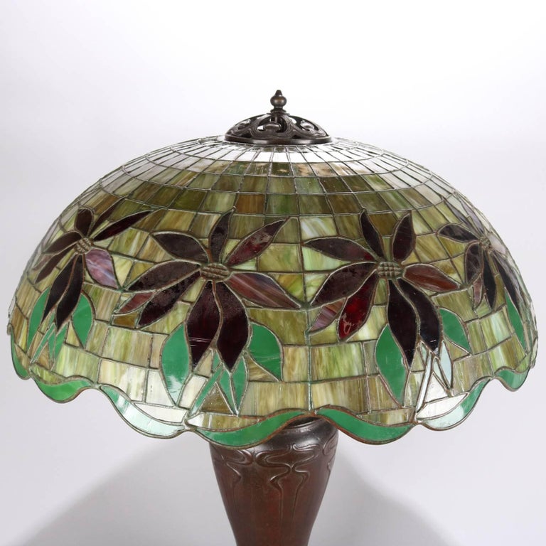 Antique Handel Mosaic Leaded Stained Glass Table Lamp, Poinsettia ...