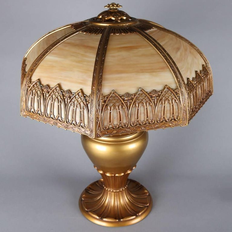 Antique Arts and Crafts Slag Glass Panel Lamp with Filigree Shade, 20th ...