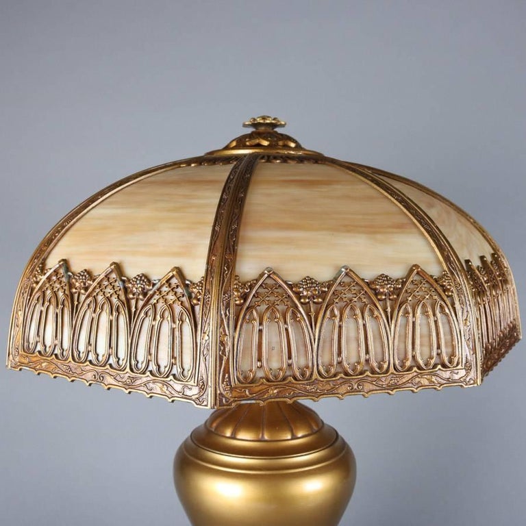 Antique Arts and Crafts Slag Glass Panel Lamp with Filigree Shade, 20th ...