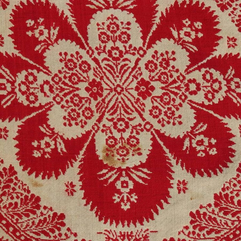 Antique Loom Woven Red and White Floral Jacquard Coverlet, 19th Century ...
