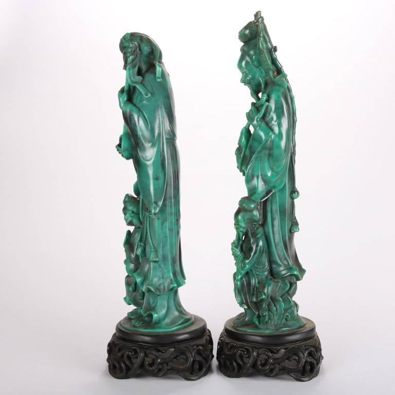 Pair of Antique Chinese Carved Jade Figural Sculptures, Woman and ...