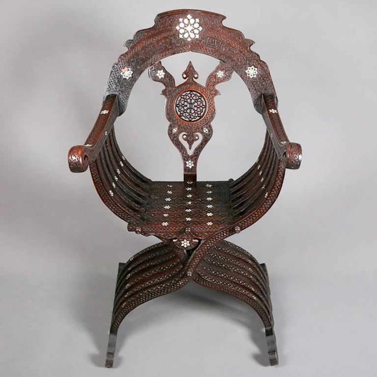 Antique Syrian/Turkish Mother-of-Pearl Inlaid Carved Throne Curule ...