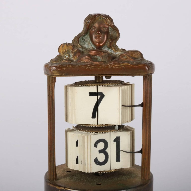 Antique Art Nouveau Figural Bronzed Plato Flip Ticket Desk Clock, 19th ...