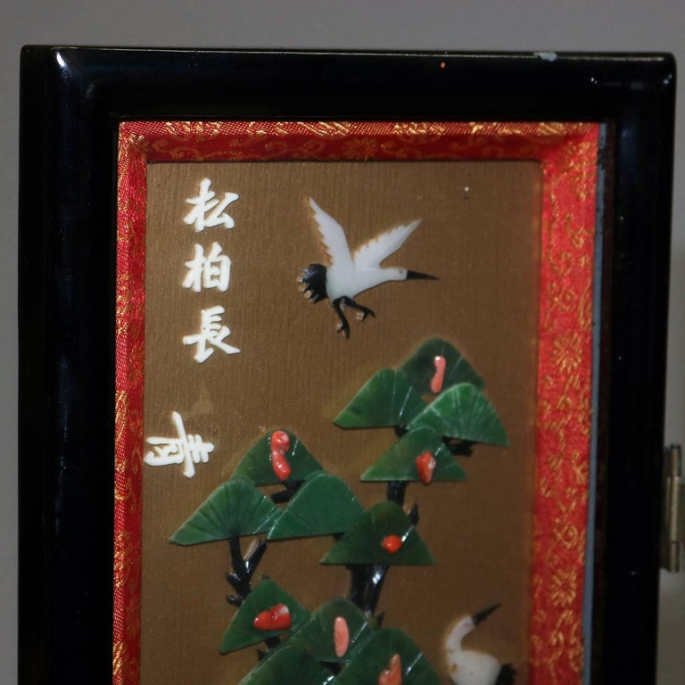 Chinese Black Lacquer Carved Jade and Stone Floral Shadow Box Table ...