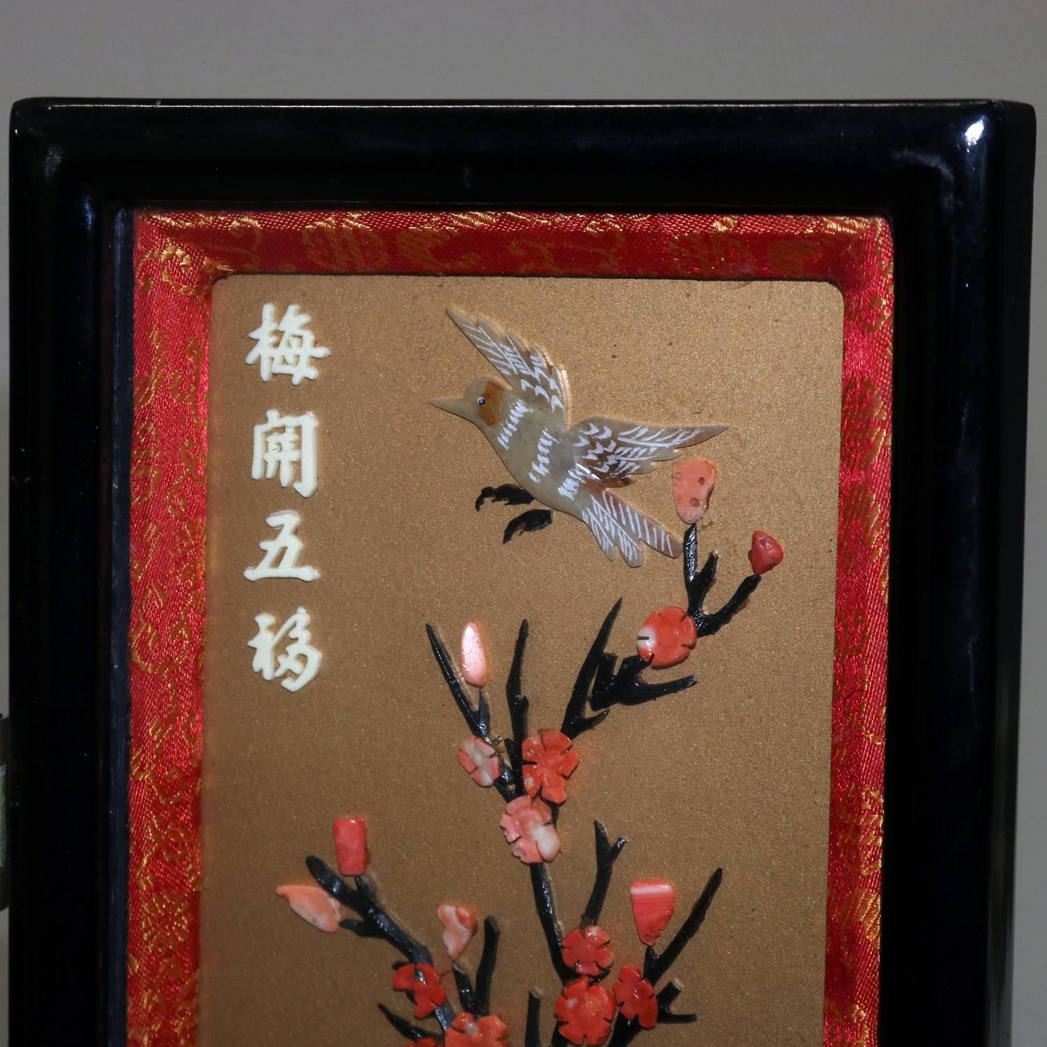 Chinese Black Lacquer Carved Jade and Stone Floral Shadow Box Table ...