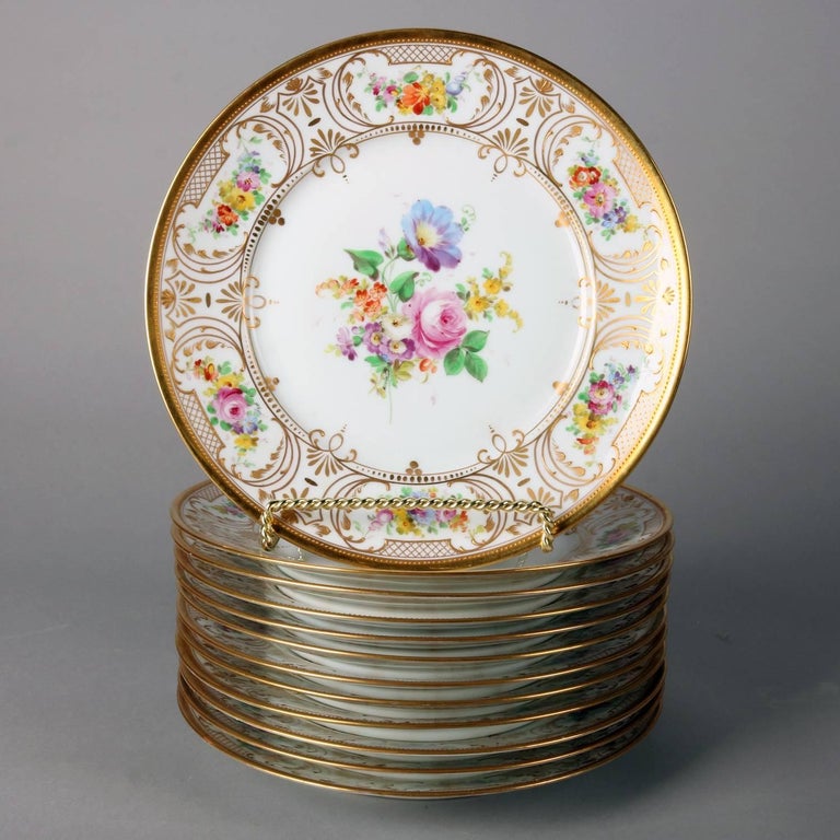 12 German Floral and Gilt Hand-Painted Porcelain Dresden Rosenthal ...