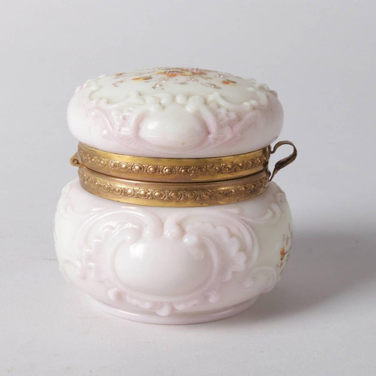 Antique Hand-Painted Wavecrest Glass and Gilt Dresser Box, 19th Century ...