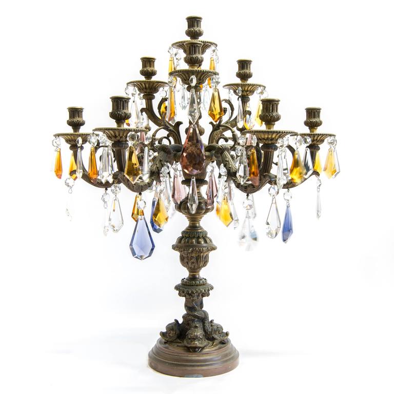 Bronze Pair of Candelabra or Table Centerpieces with Colored Crystals ...