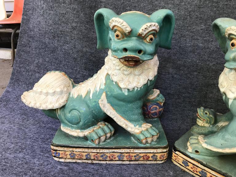 1970s Large Terracotta Turquoise and White Foo Dog Sculpture Statues ...