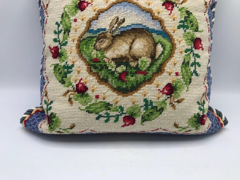 Blue and White Needlepoint Pillow with Floral and Rabbit-Hare Motif ...