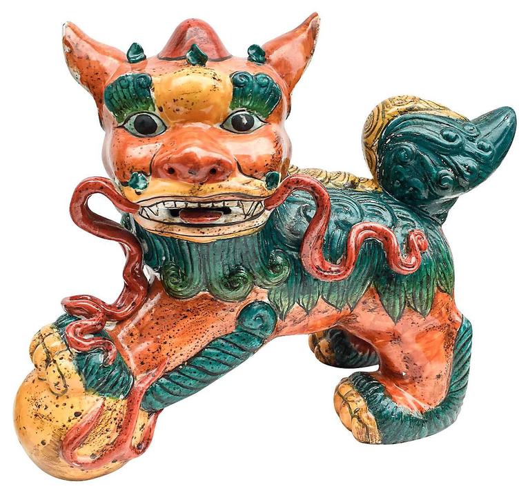 19th Century Large Polychrome Chinese Foo Dog Statues, Pair at 1stDibs