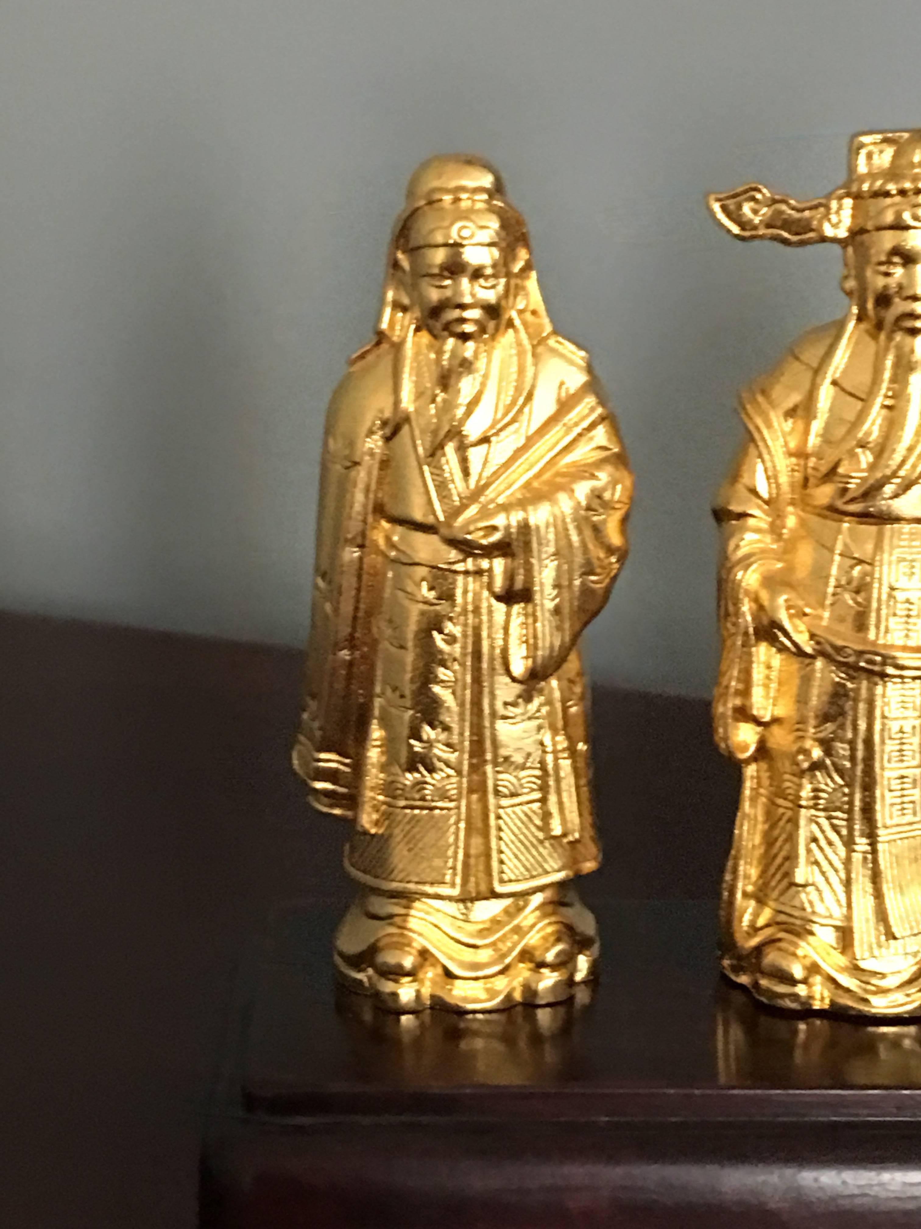 1970s Chinoiserie 24-Karat Gold Asian Emperor Statues on Stand, Set of ...