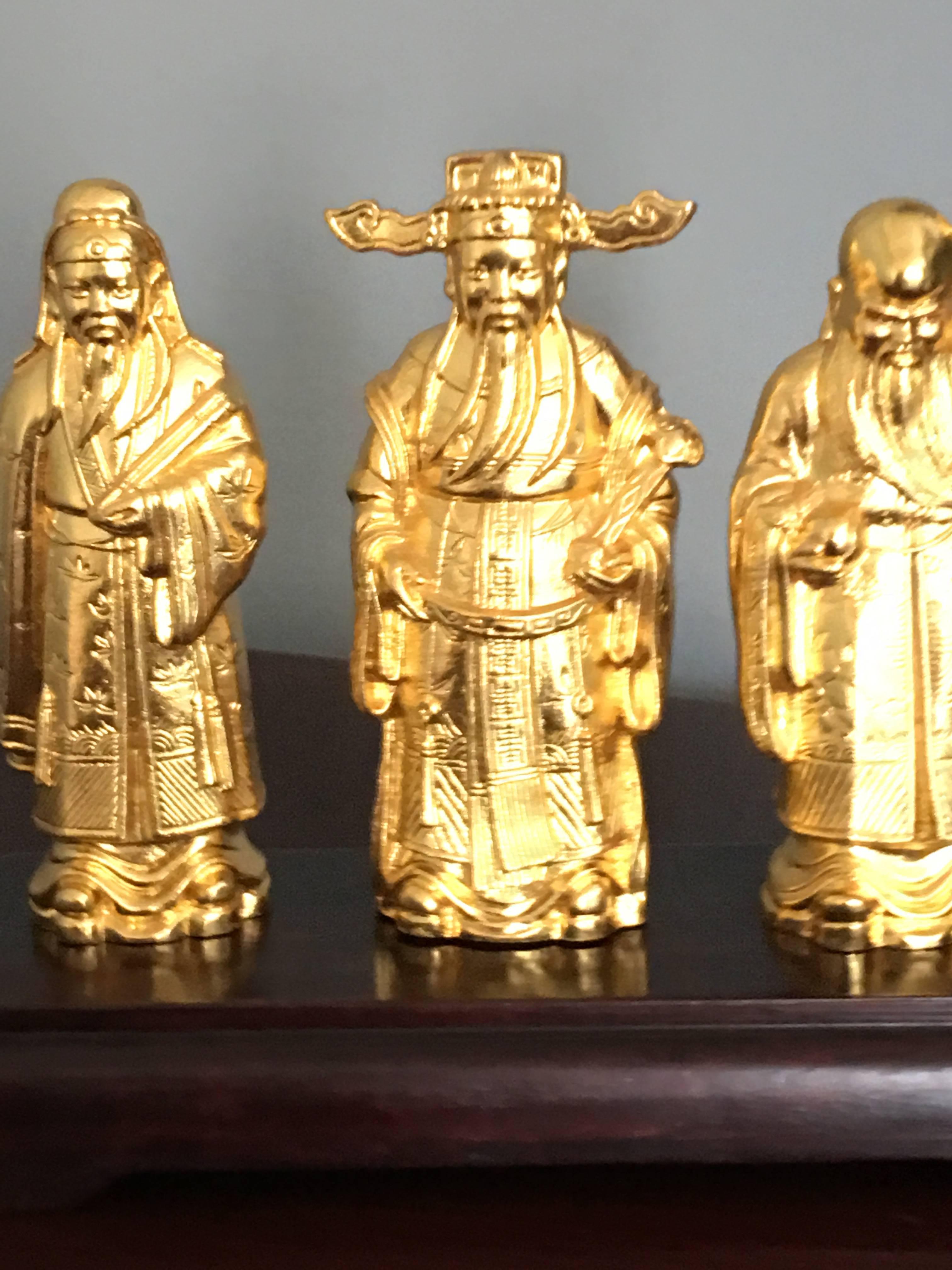 1970s Chinoiserie 24-Karat Gold Asian Emperor Statues on Stand, Set of ...