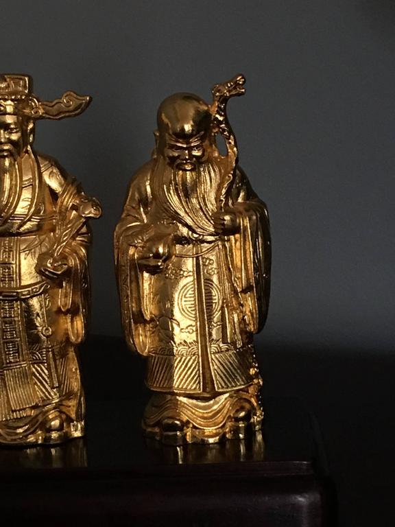 1970s Chinoiserie 24-Karat Gold Asian Emperor Statues on Stand, Set of ...