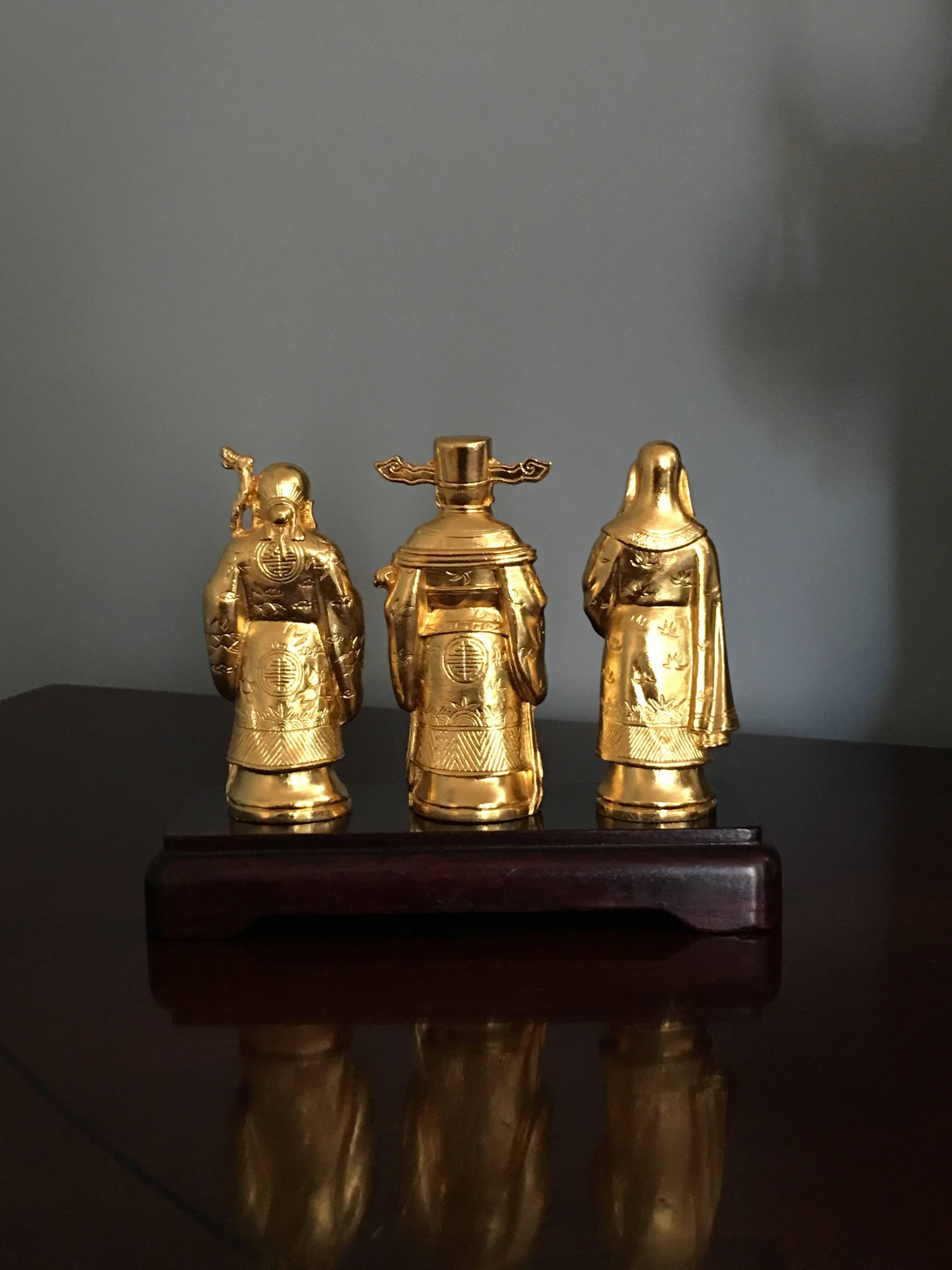 1970s Chinoiserie 24-Karat Gold Asian Emperor Statues on Stand, Set of ...