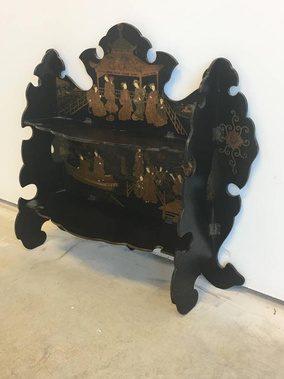 19th Century Asian Lacquered and Gilt Wall Shelf with an Ornate Pagoda ...