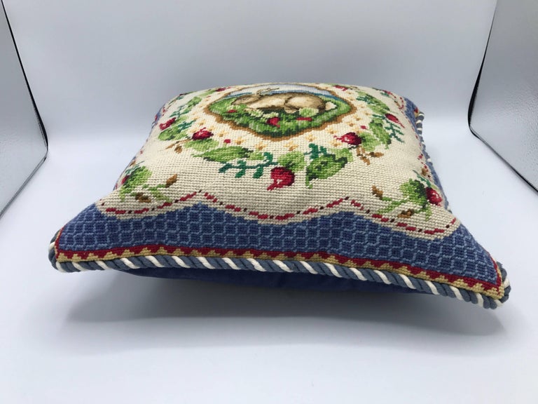 Blue and White Needlepoint Pillow with Floral and Rabbit-Hare Motif ...