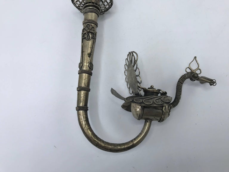 19th Century Chinese Sterling Silver Opium Pipe with Filigree Peacock ...