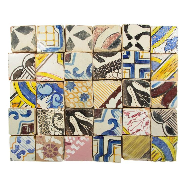 Set of 30 Antique Rustic Italian Hand-Painted Faience Tiles For Sale at ...