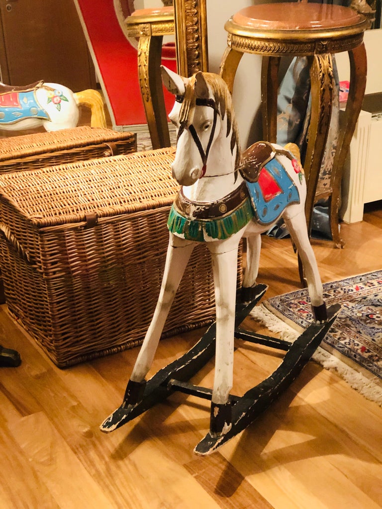 French Antique Wooden Hand Carved and Hand Painted Rocking Horse at ...