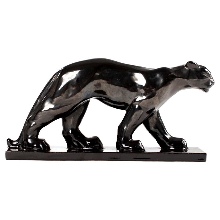 French, Black Cubistic Shaped Art Déco Ceramique Panther Sculpture ...