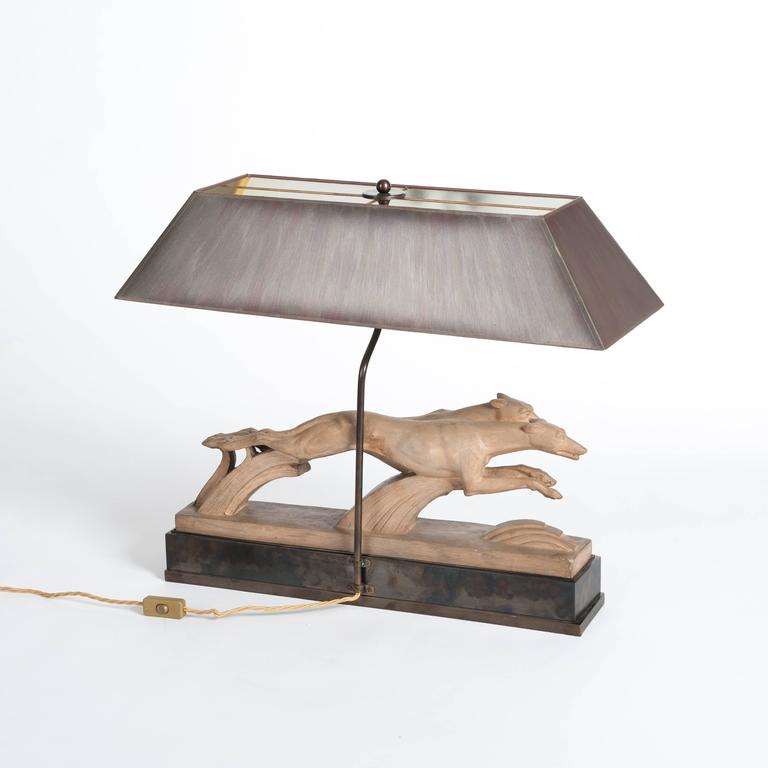 Art Deco Table Lamp of Greyhounds in Terracotta, Signed H. Bargas Brown ...