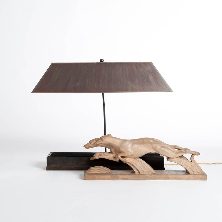 Art Deco Table Lamp of Greyhounds in Terracotta, Signed H. Bargas Brown ...