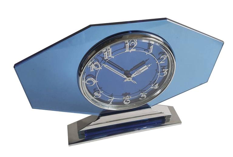 Large 1930s Art Deco French Blue Glass and Chrome Clock by Jaz at 1stDibs