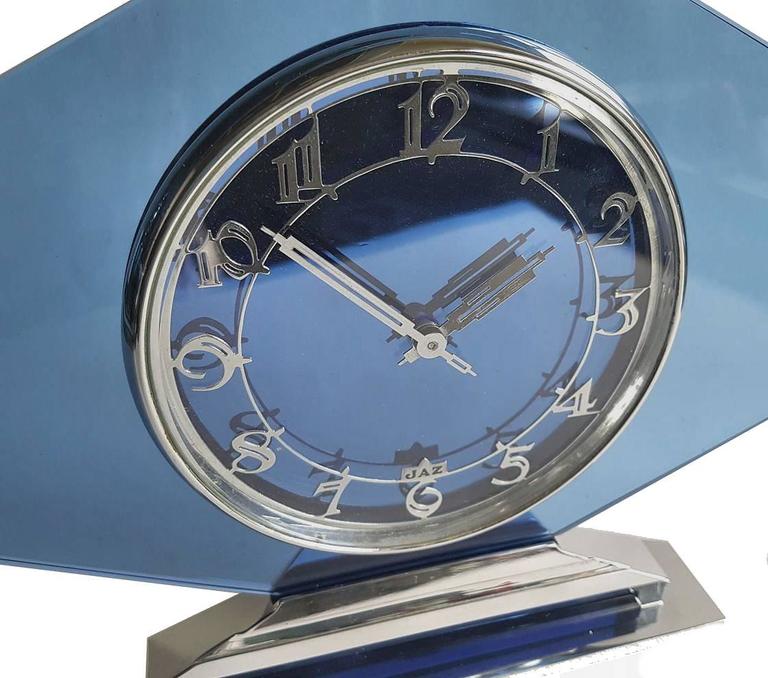 Large 1930s Art Deco French Blue Glass and Chrome Clock by Jaz at 1stDibs