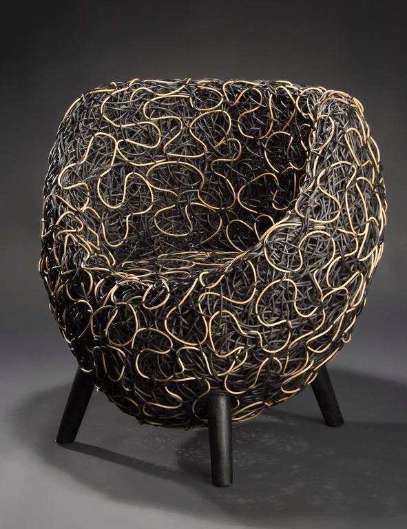 Pair of Seats in Natural and Black Lacquered Wicker, France, 1940s For ...