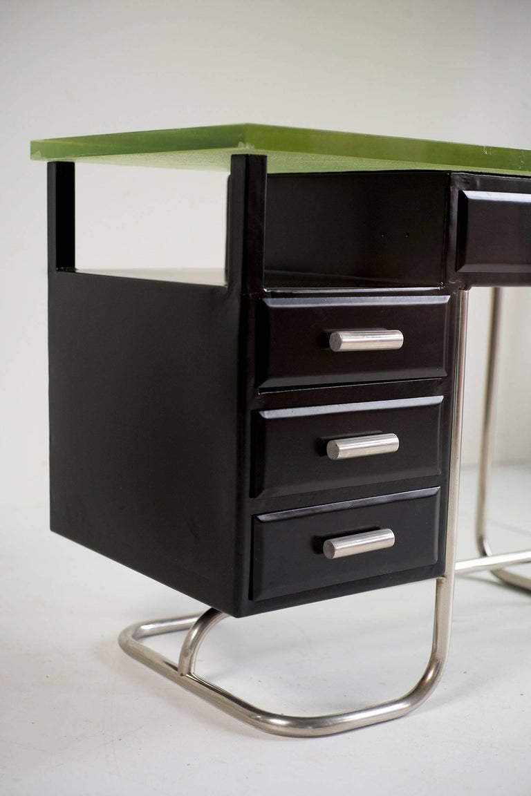 Tubular Desk in Black Lacquered Metal and Glass Slab, 1930 at 1stDibs