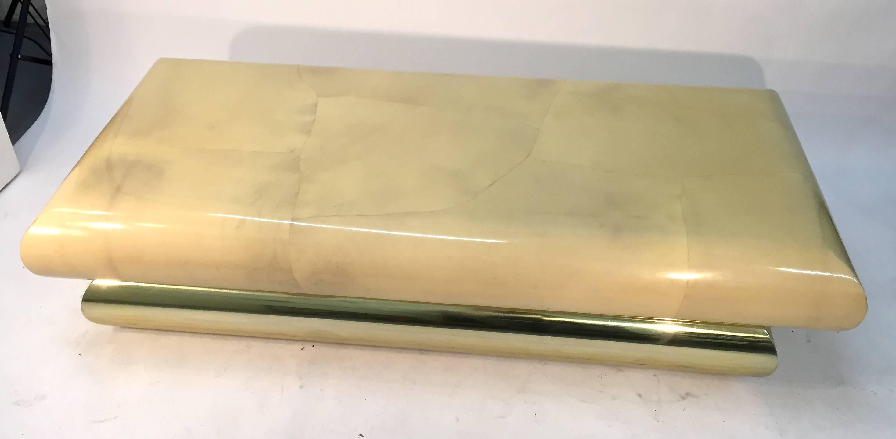Parchment Lacquered Coffee Table with Brass Base For Sale at 1stDibs