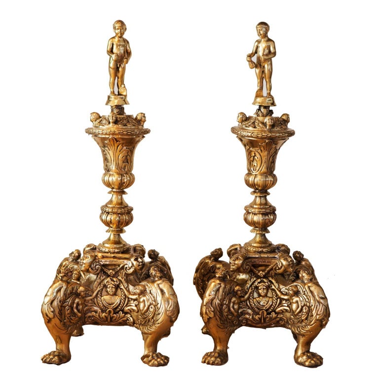 20th Century Brass Cherub Fire Dogs, Andirons For Sale at 1stDibs