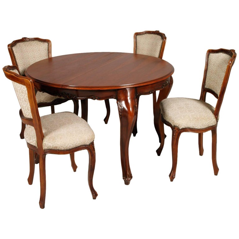 Revival Baroque Extendable Round Table with Four Chairs in Solid Carved ...