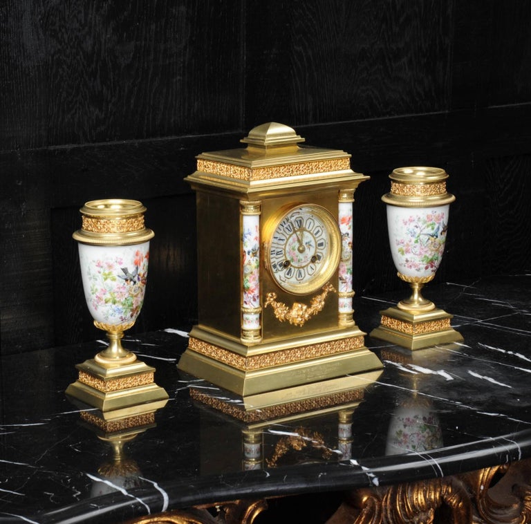 Porcelain and Ormolu Classical Clock Set, English Country Garden at 1stDibs