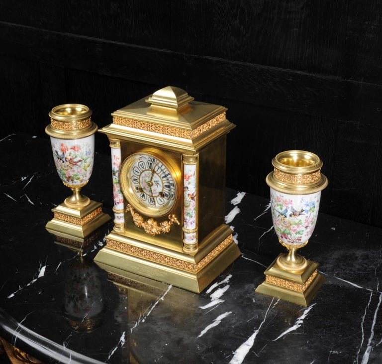 Porcelain and Ormolu Classical Clock Set, English Country Garden at 1stDibs