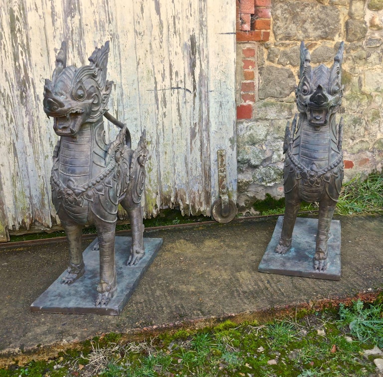Pair of Large Bronze Thai Temple Guardian Foo Lion Dogs at 1stDibs
