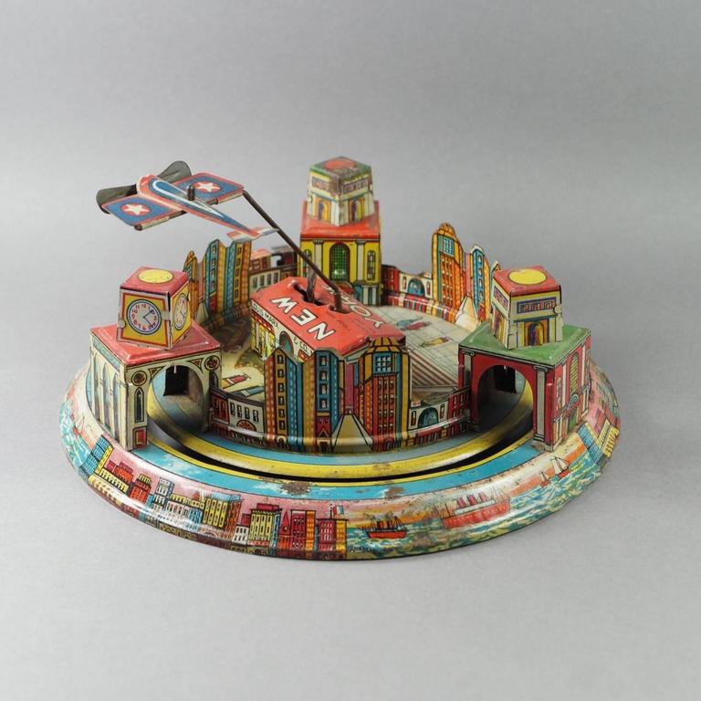 Art Deco Louis Marx Wind Up Toy Tin Plane, Train, New York Skyline ...
