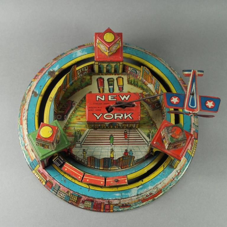 Art Deco Louis Marx Wind Up Toy Tin Plane, Train, New York Skyline ...