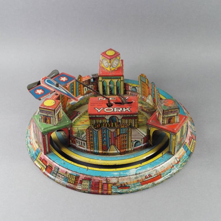 Art Deco Louis Marx Wind Up Toy Tin Plane, Train, New York Skyline ...