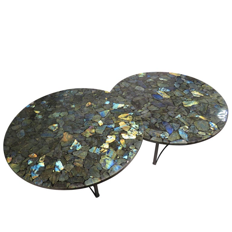 Pair of Labradorite Gemstone Center Tables with Metal Black Powder ...
