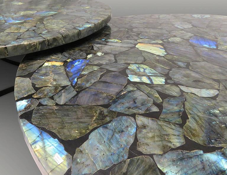 Pair of Labradorite Gemstone Center Tables with Metal Black Powder ...