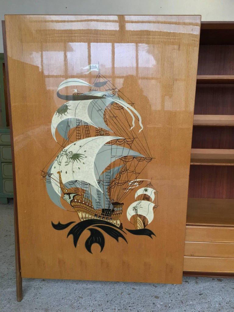 Vintage Sliding Door Ships Boats Wardrobe Louis Paolozzi Style, 1950 ...