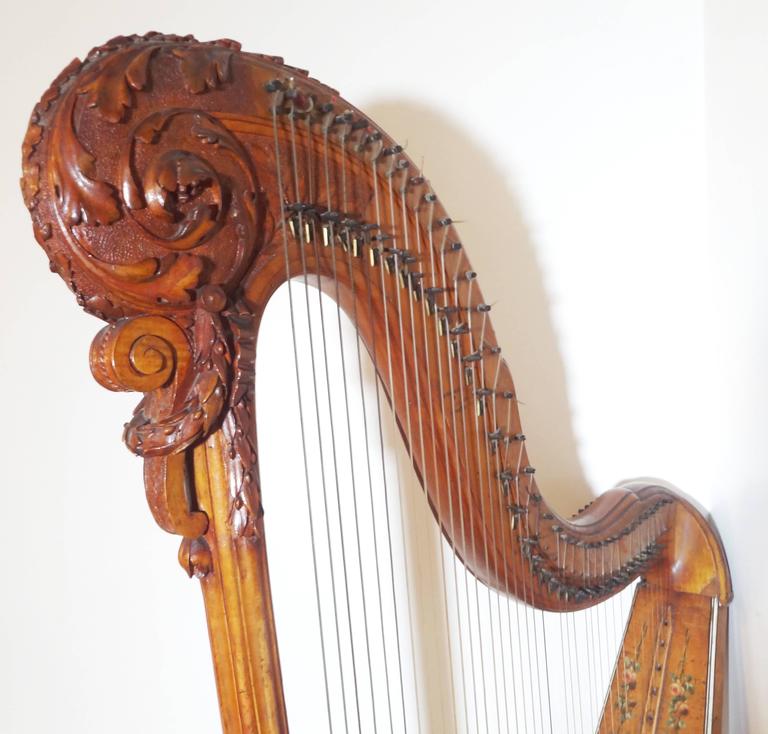 Rare Harp, 18th Century, Wood Painted with Flowers, Landscape, France ...
